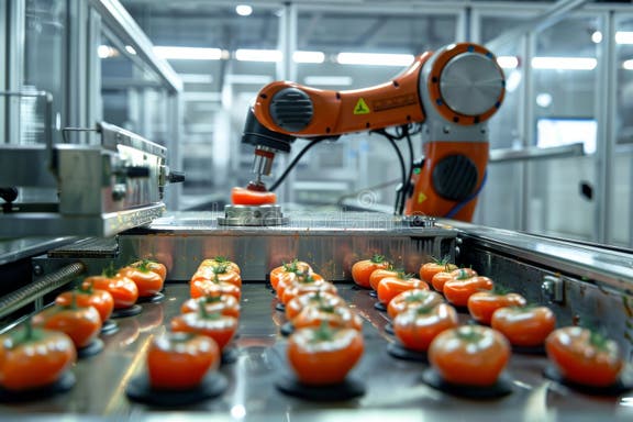Advanced Robotic Arm Sorting Fresh Tomatoes in a Modern Food Processing ...