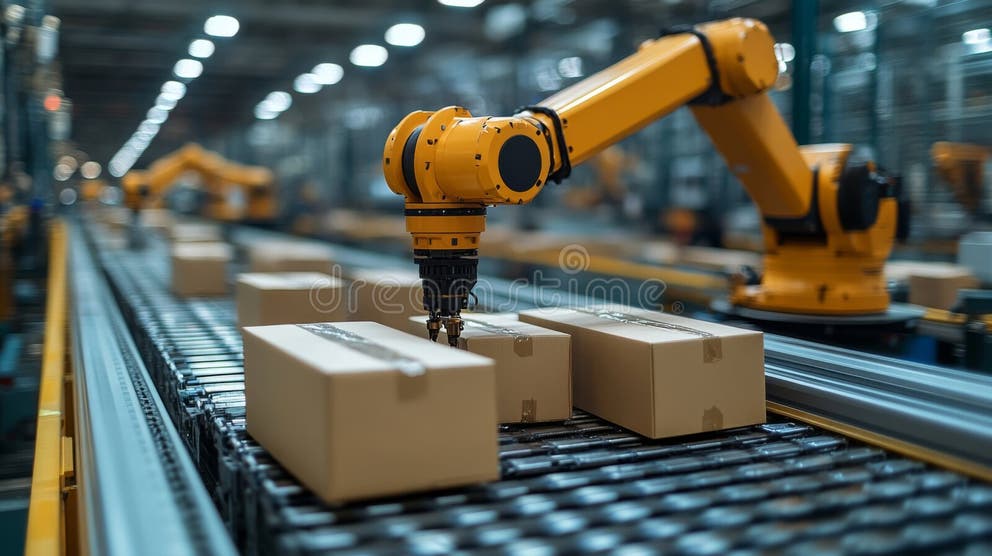 Advanced Robotic Arm Sorting Packages in a Busy Logistics Distribution ...