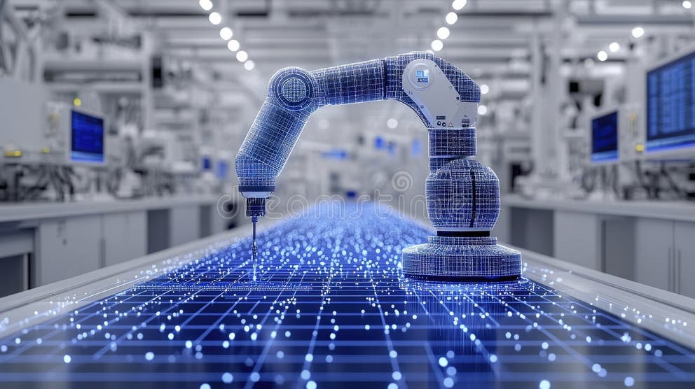Advanced Robotic Arm Traces Digital Grid Pattern Layout Stock ...
