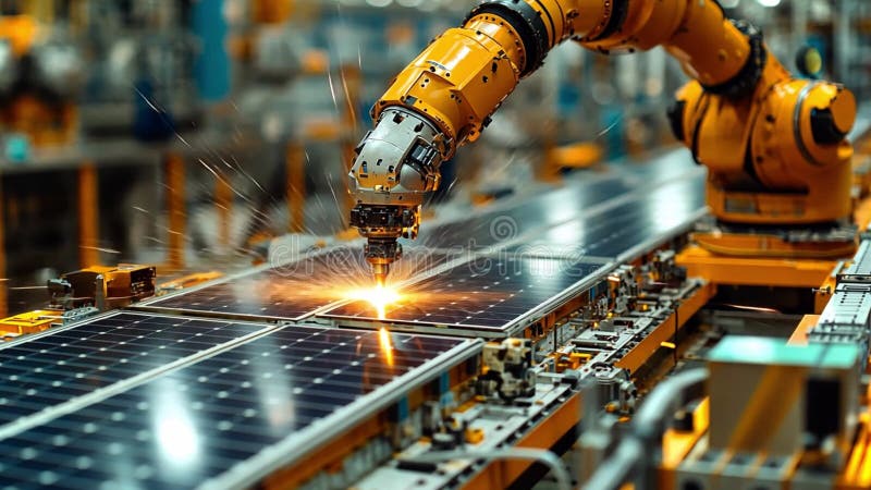 Advanced Robotic Arm Welding Solar Panels in a High-tech Manufacturing ...