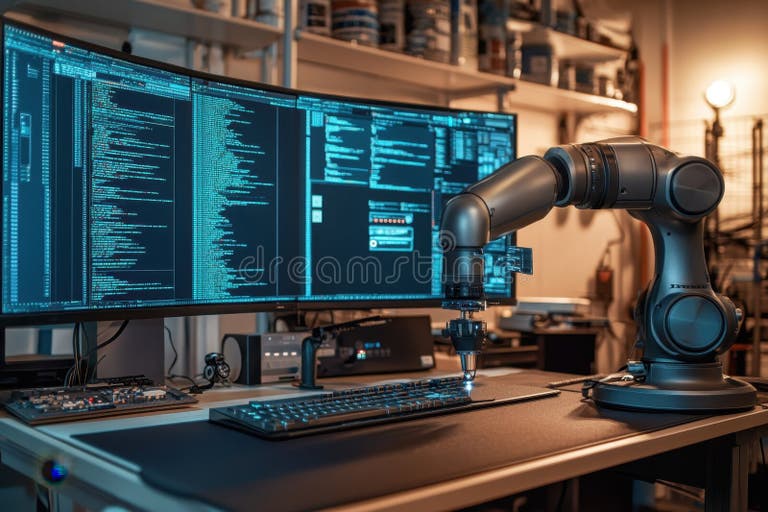 Advanced Robotic Arm Working Alongside Dual Monitors in a Modern Tech ...