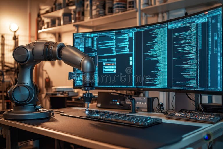 Advanced Robotic Arm Working Alongside Dual Monitors in a Modern Tech ...