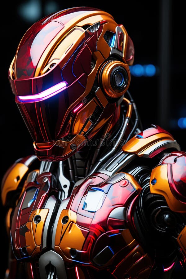 Advanced Robotic Armor Suit with Glowing Red and Blue Lights. AI ...