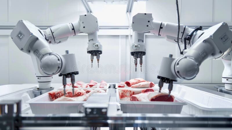 Advanced Robotic Arms Sorting Meat Products into Packaging Stock ...