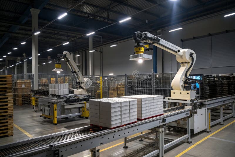 Industrial Robots Stacking Boxes in a Modern Warehouse during Nighttime ...