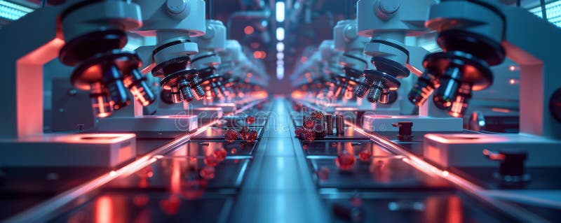 Advanced Robotic Assembly Line with Precision Microscopes in a HighTech ...