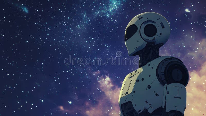 Advanced Robotic Figure Contemplating the Universe at Night Stock Image ...