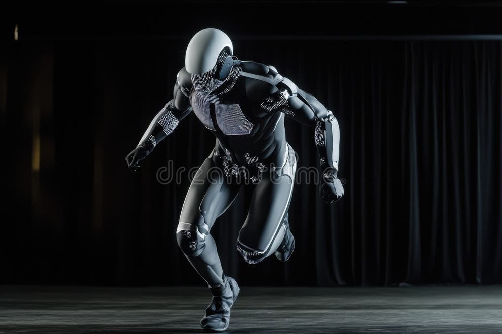 Advanced Robotic Figure in Dynamic Running Pose Captured in a Dark ...