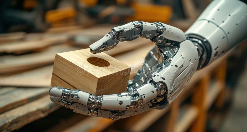 Robotic Hand Holding Wooden Block in a Workshop Setting Stock Photo ...