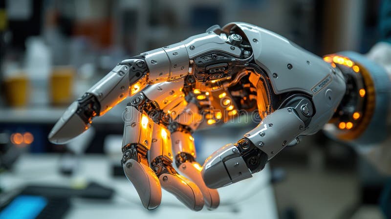 Advanced Robotic Hand with Glowing Circuits in a Laboratory Stock Photo ...