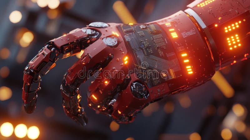 Advanced Robotic Hand Glowing Red with Circuitry Stock Illustration ...