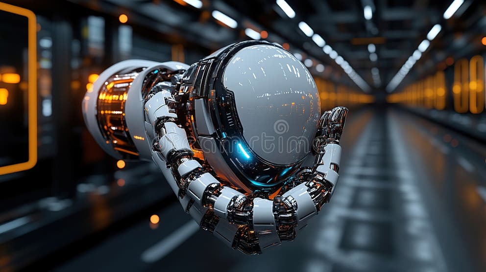 Advanced Robotic Hand Holding a Sphere in a Futuristic Server Room ...