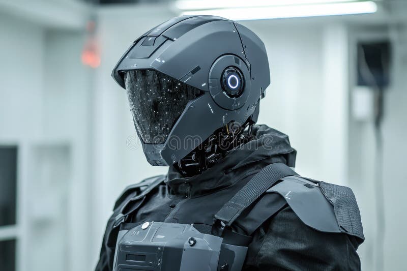 Advanced Robotic Helmet Displayed in a Modern Tech Laboratory Setting ...