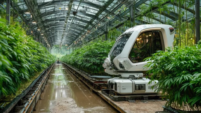 Advanced Robotic Machine Operating Inside a Lush Greenhouse with ...