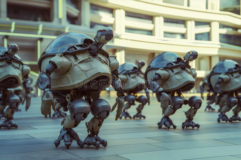 Advanced Robotic Turtles Marching through Futuristic Cityscape Stock ...