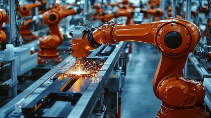 Advanced Robotic Welding Arm in a Modern Manufacturing Assembly Line ...
