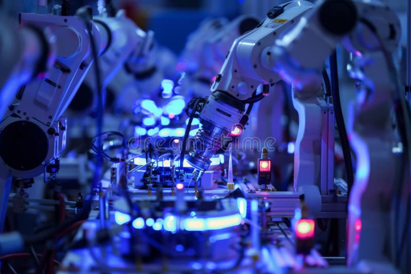 Advanced Robotics Assembly Line in High-Tech Factory at Night Stock ...