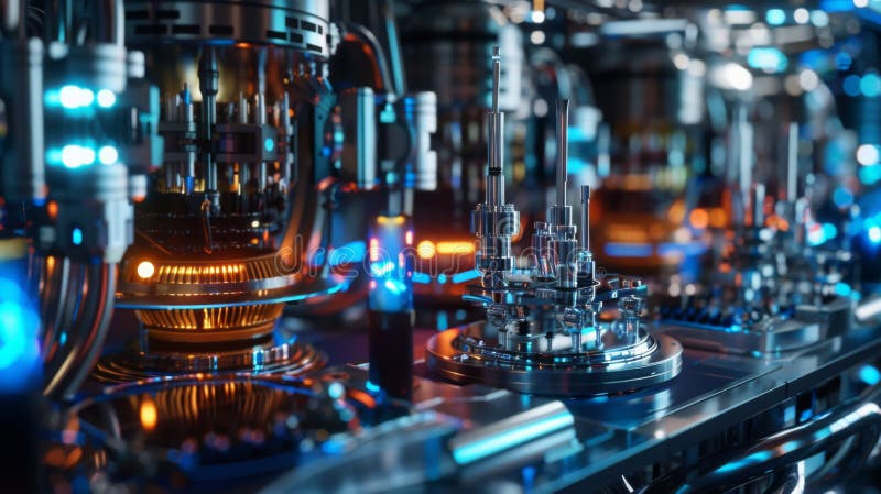 Advanced Robotics Assembly Line in High-Tech Factory at Night Stock ...