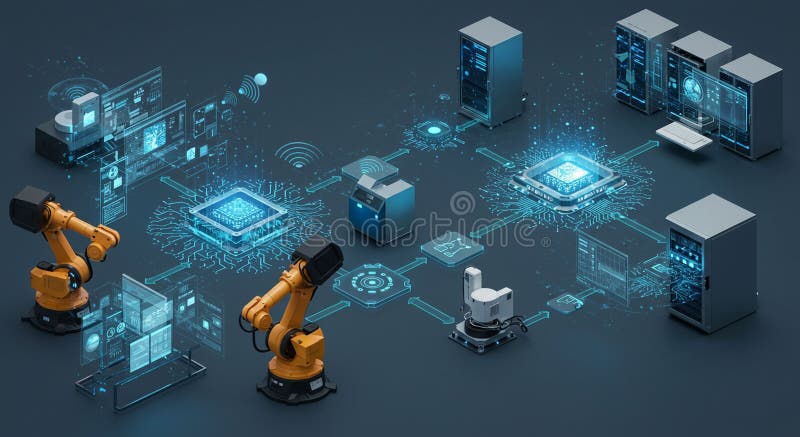 An Advanced Robotics and Computing Environment Showcases Orange Robotic Arms Stock Illustration ...