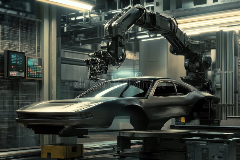 Robotic Arm Assembling a Sleek Car Body in a Modern Manufacturing ...