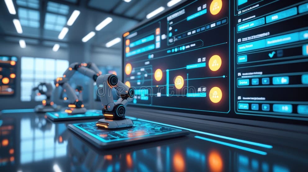 Advanced Robotics in a High-Tech Laboratory Setting with Interactive Screens and Automated Arms ...