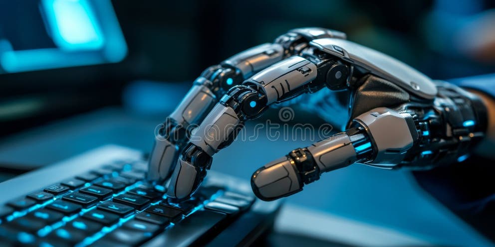 Advanced Robotics Metallic Hand Typing on Keyboard. Innovation ...