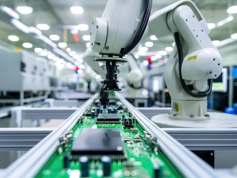 Advanced Robotics in PCB Assembly Line Stock Image - Image of circuit ...