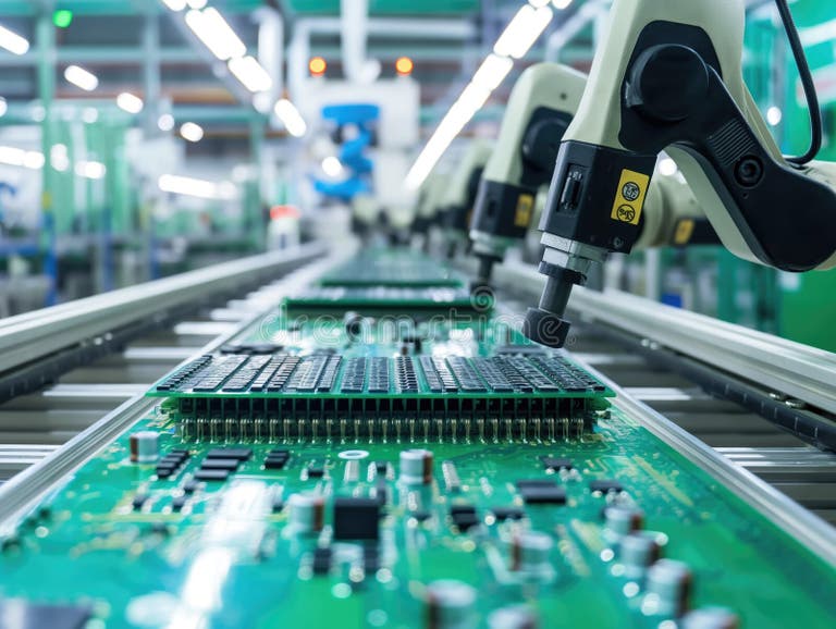 Advanced Robotics in PCB Assembly Line Stock Photo - Image of ...