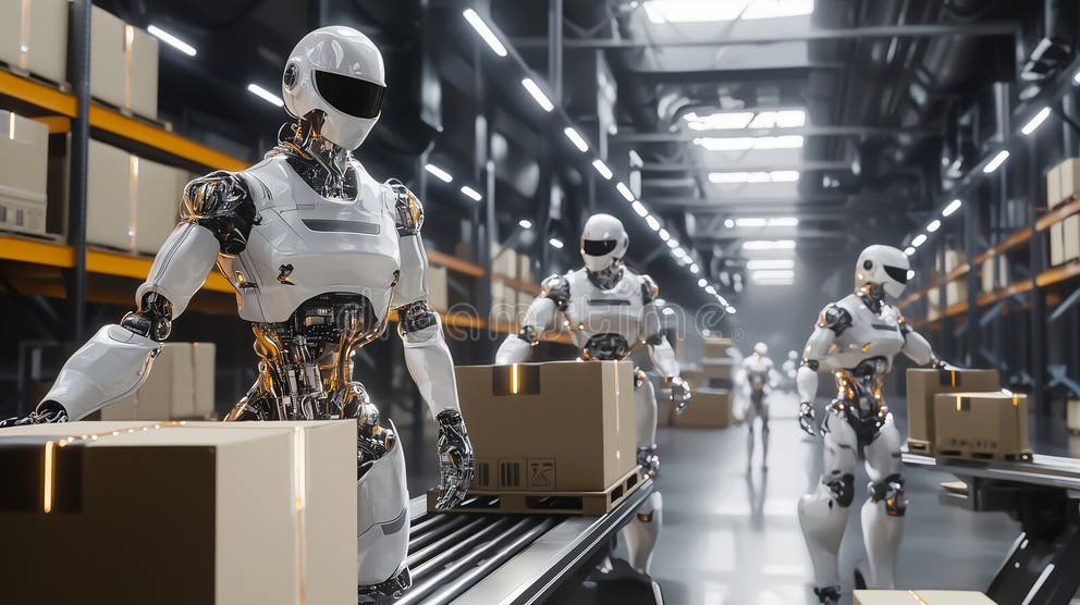 Robots Assembling Packages in a Modern Warehouse Environment Stock ...