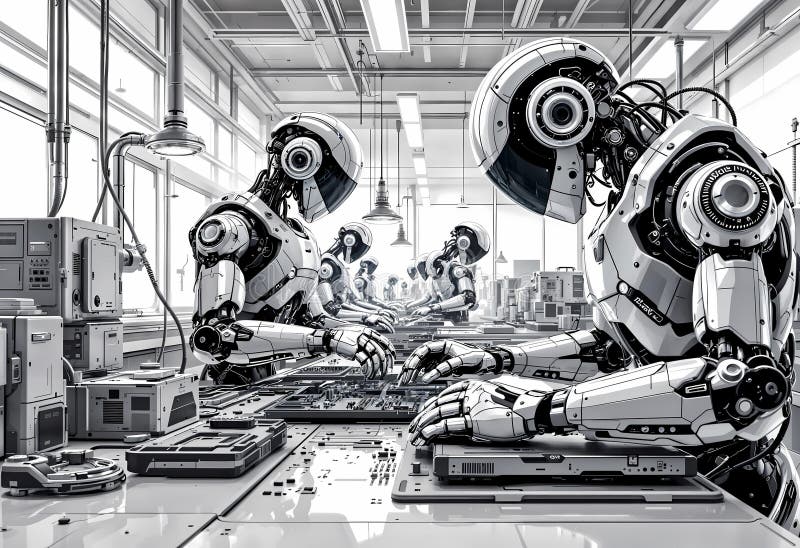 Futuristic Robots Assemble Technology in a Sleek Modern Workshop Setting. Generative AI Stock ...
