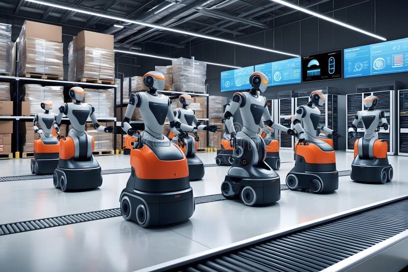 Advanced Robots in a Modern Warehouse Stock Illustration - Illustration ...