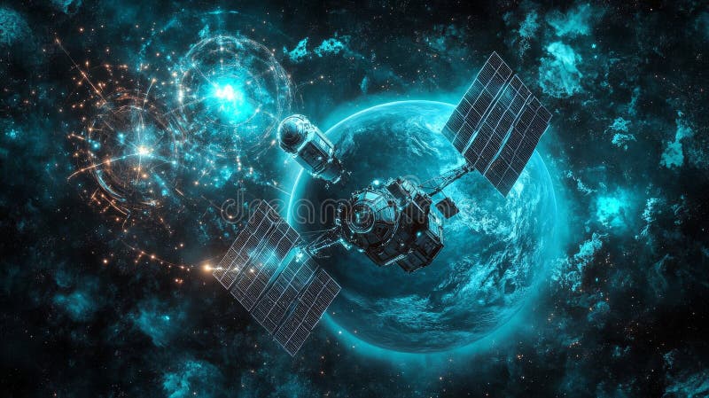 Advanced Satellite Orbiting Glowing Earth, Futuristic Space Technology ...