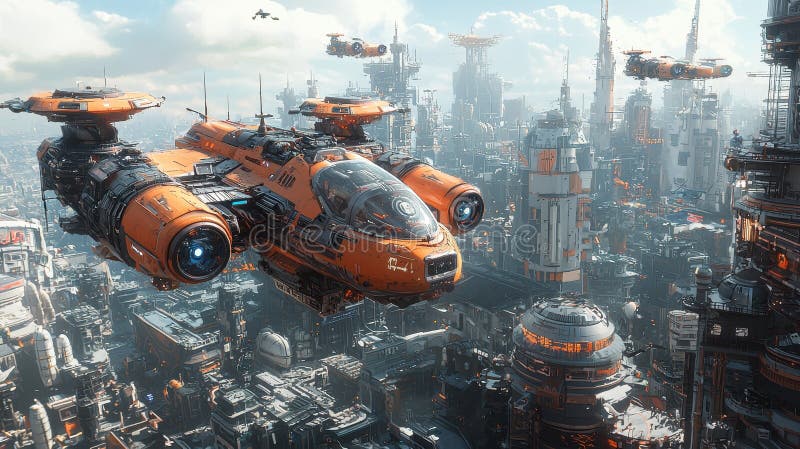 Advanced Sci-fi City with Flying Spacecraft Stock Image - Image of ...