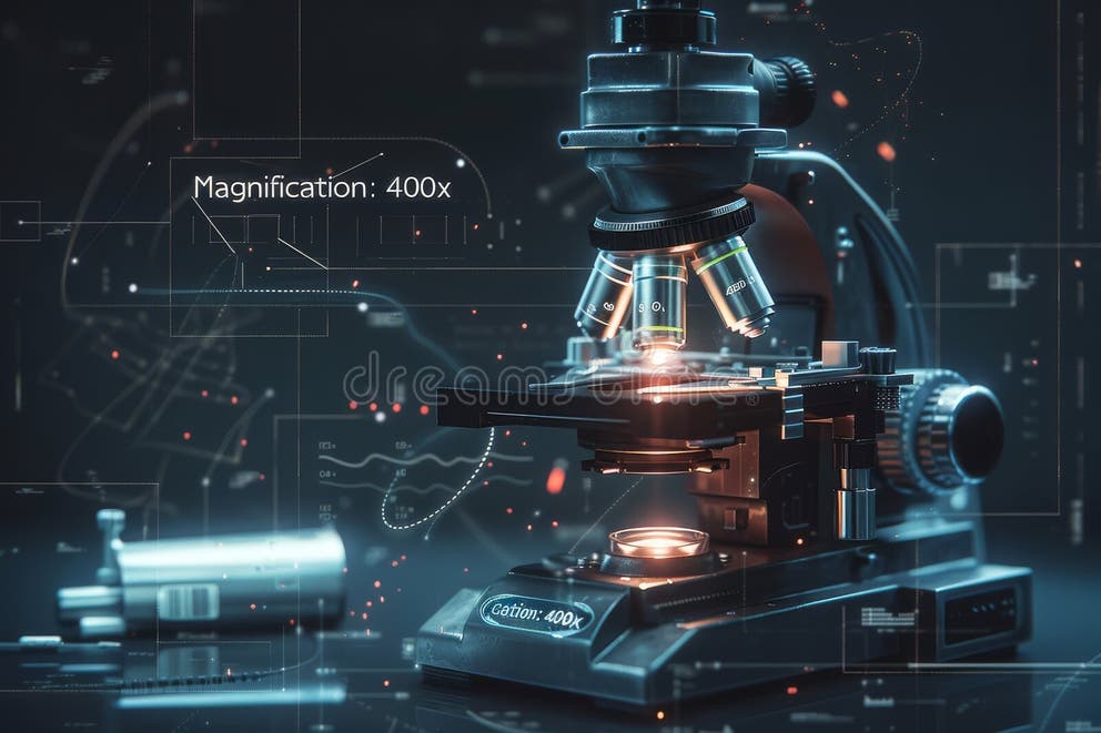 Advanced Scientific Microscope with Digital Enhancements Featured Prominently in a High-tech ...