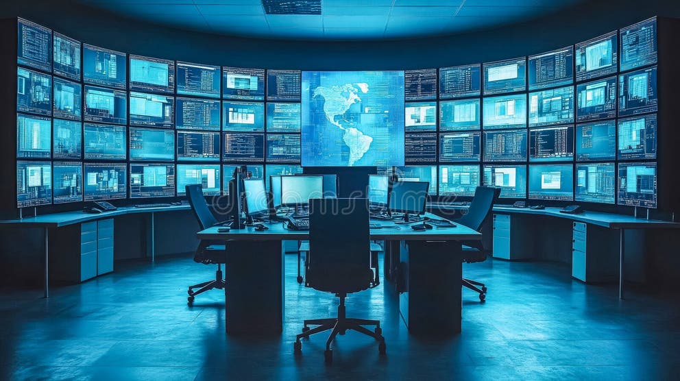 Advanced Security Control Center with Multiple Monitors and Global Map ...