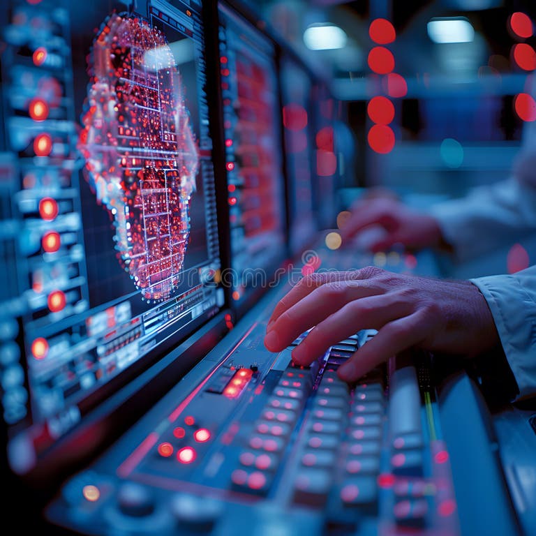 Advanced Security in High-Tech Computer Lab - Hand Typing Command Amid ...