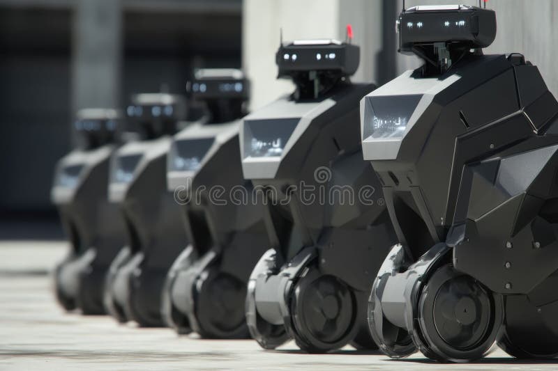 Advanced Security Robots Lined Up in Urban Environment Ready for ...