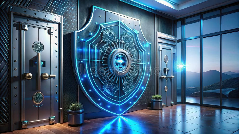 Advanced Security System Futuristic Vault with Illuminated Shield and ...