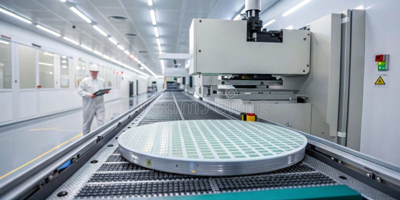 Advanced Semiconductor Manufacturing Process in a Cleanroom Facility with Engineers Managing ...