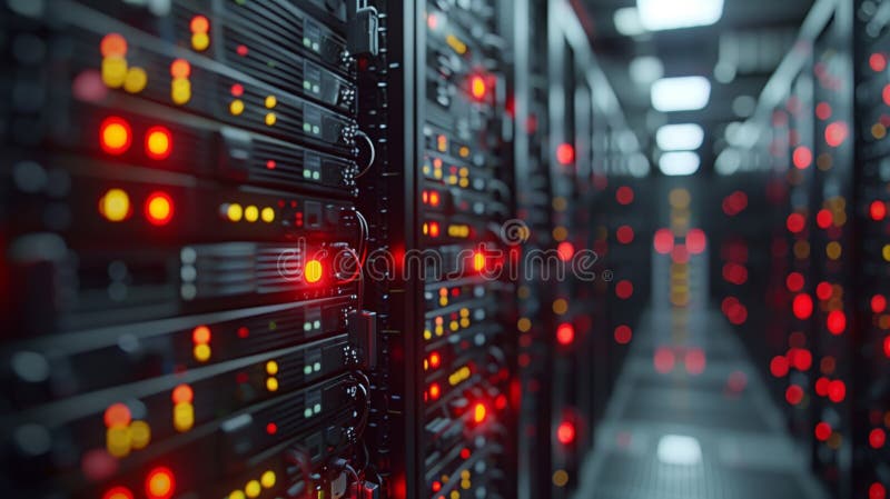 Advanced Server Room with Network Equipment Illuminated in Red and ...