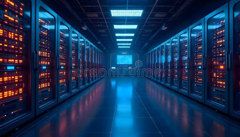 Advanced Server Room with Orange and Blue Lighting and Reflective ...