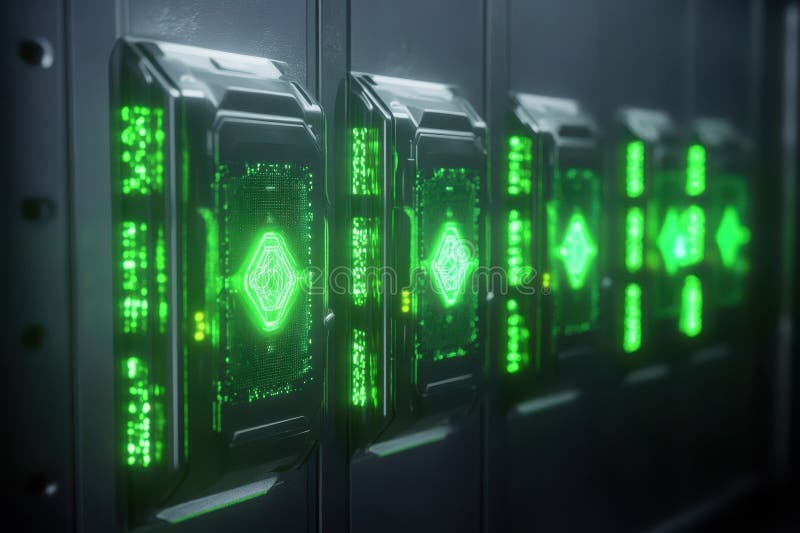 High-tech Server Components Glowing with Green Lights in a Data Center ...