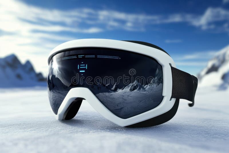 Advanced Ski Goggles Resting on Snowy Terrain Under a Clear Blue Sky in a Mountain Landscape ...