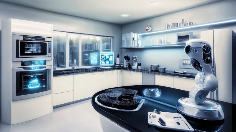 Advanced Smart Home Kitchen Featuring Vibrant LED Lighting and Robotic ...