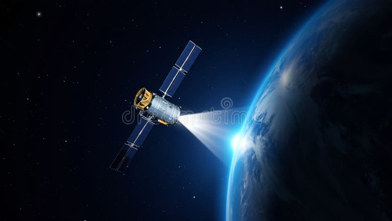 Advanced Space Satellite Orbiting Planet Earth Broadcasting Light Beam ...