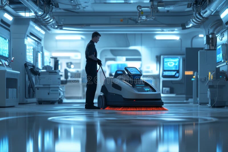 A Futuristic Scene Shows a Person Operating a High-tech Cleaning ...