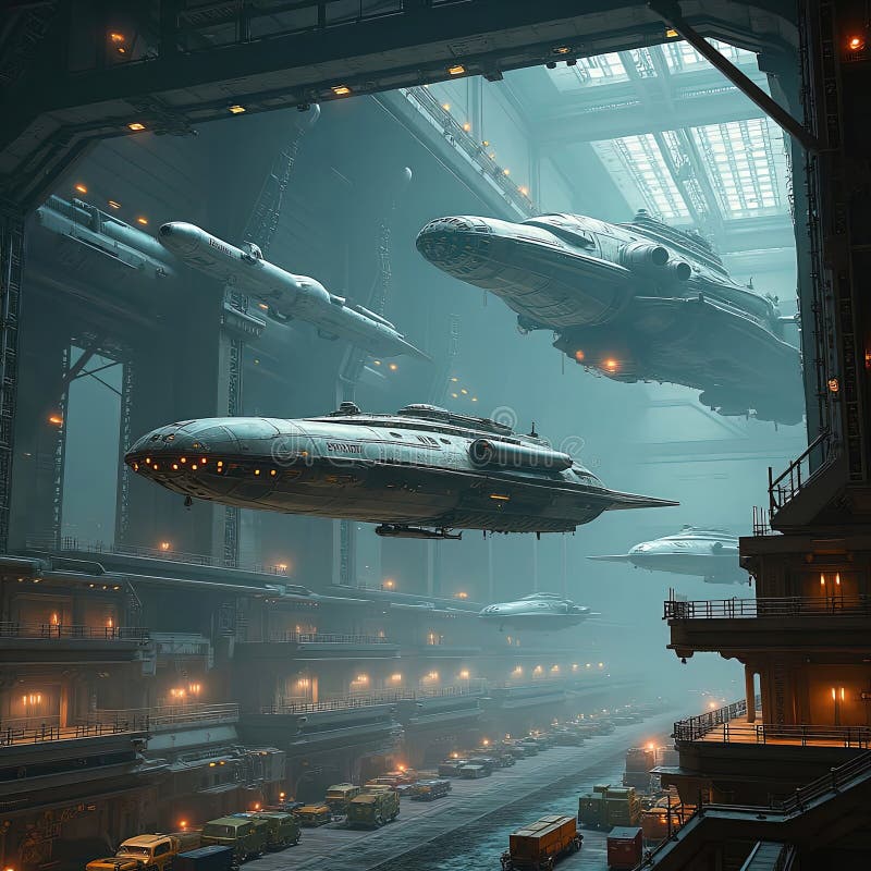 Advanced Spacecraft are Suspended in a Large Hangar, Illuminated by Overhead Lights, Showcasing ...