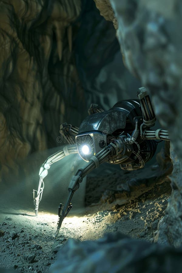 Advanced Spider Bot Exploring a Cave Casting Eerie Light on the Walls ...
