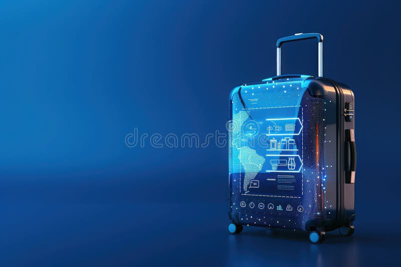 A Futuristic Suitcase with Holographic Technology Glows on a Sleek Blue ...