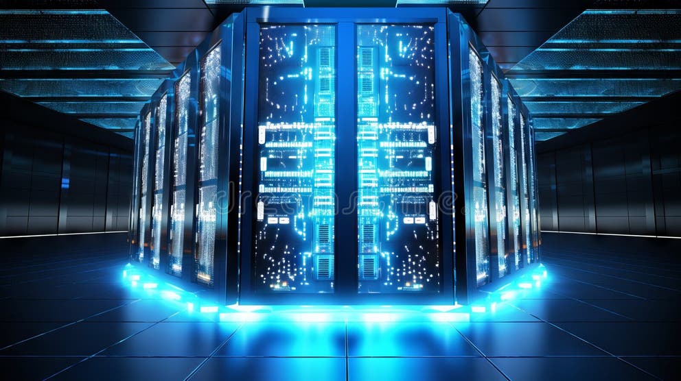 Advanced Super Computer. Modern Server Room. Big Futuristic Data Mining ...